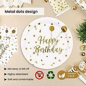 168PCS Happy Birthday White and Gold Party Supplies,Disposable Party Decorations Paper Plates Napkins Cups Plastic Forks Knives Spoons for Birthday Graduation Bridal Shower-24 Guests