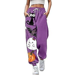 JMMSlmax Women Halloween Cute Printed Baggy Sweatpants Pockets High High Waist Sporty Gym Athletic Fit Jogger Lounge Trousers