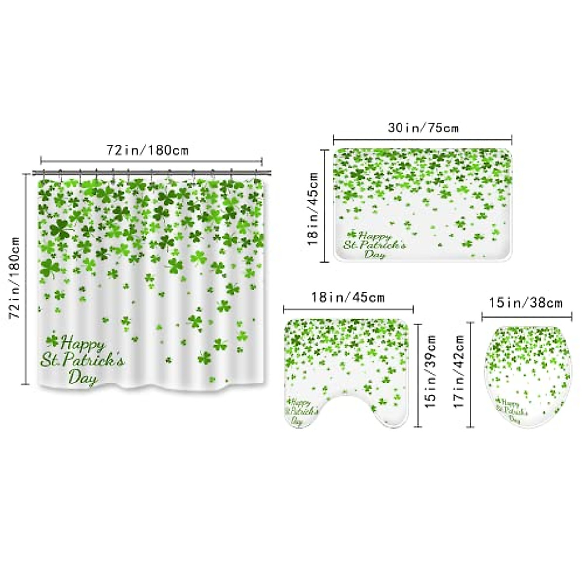Casdseci 4Pcs Green St. Patrick's Day Shower Curtains Set with Non-Slip Rugs, Toilet Lid Cover and Bath Mat, Lucky Shamrocks Waterproof Bathroom Curtain with 12 Hooks 72 x 72 Inch