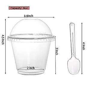 Coloch 100 Pack 9 Oz Clear Plastic Dessert Cup with Dome Lid and Spoon, Disposable PET Crystal Parfait Cup Take-out Liquid Container for Fruit, Dessert, Cupcake, Cold Drinks, Ice Cream, Snack