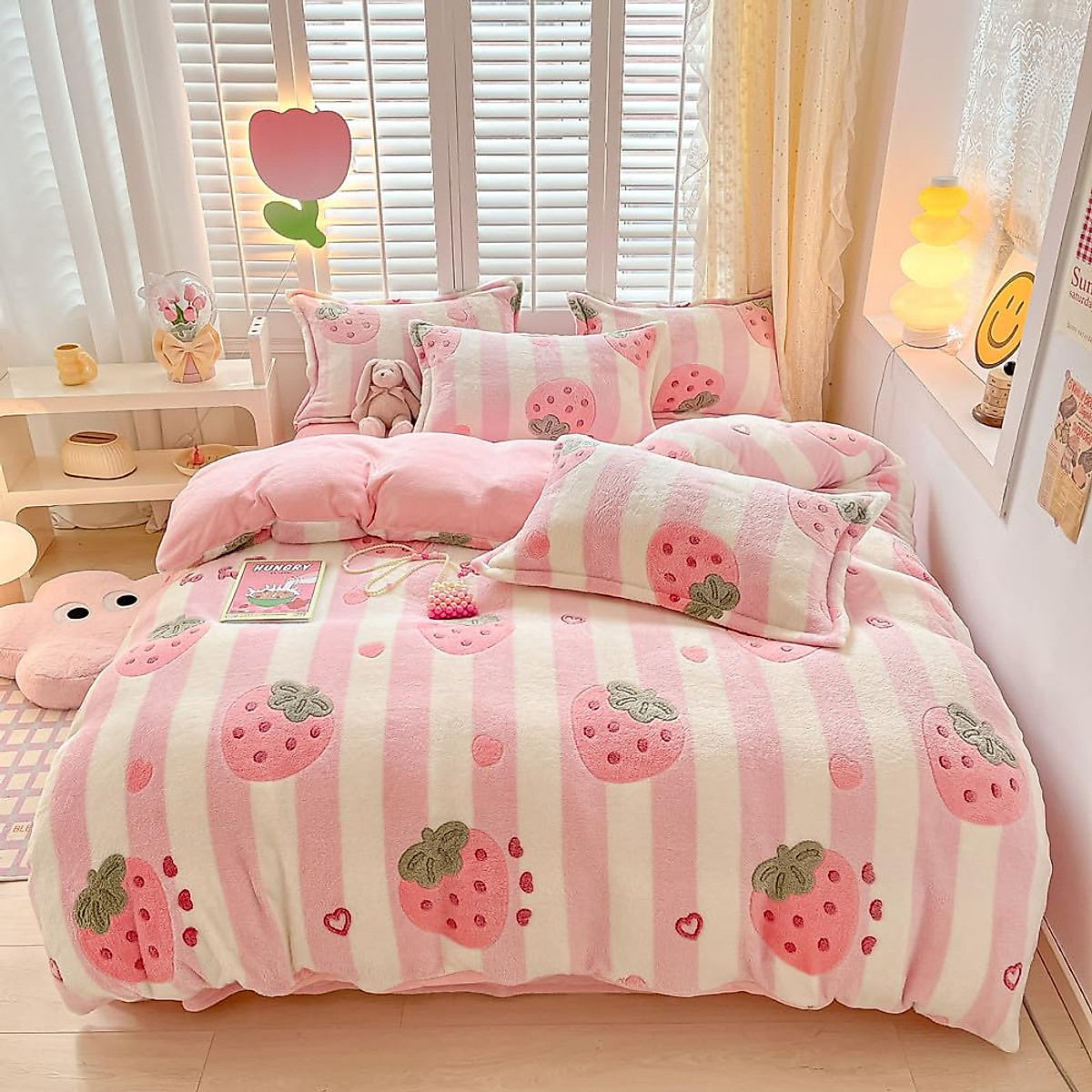 OranFran Pink Strawberry Kids Duvet Cover Set Queen Cute Kawaii Bedding Set Snowflake Fluffy Comforter Cover Blanket Soft Reversible Duvet Cover Room Decor (Strawberry,Queen)