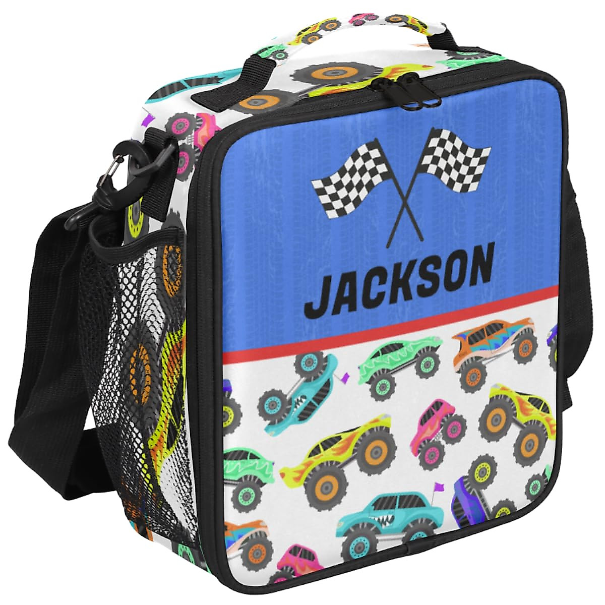 OMFUNS Racing Car Custom Name Reusable Lunch Bag for Kids Boys Teen, Colorful Truck Personalized Insulated Lunch Box Thermal Cooler Customized Lunch Tote Bag for School Picnic