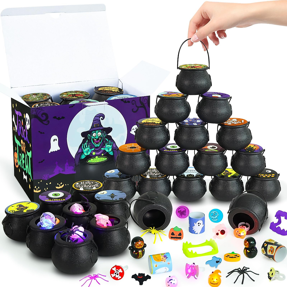 Mulbozy 162 PCS Halloween Party Favors for Trick or Treats, 18 Pack Prefilled Small Plastic Witch Cauldron, Halloween Party Decor, Halloween Party Favors Prizes for School Classroom