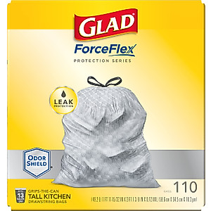 GLAD ForceFlex Tall Kitchen Drawstring Trash Bags, 13 Gallon Grey Trash Bag for Kitchen Trash Can, Odor Shield, Odor Eliminator and Leak Protection, 110 Count