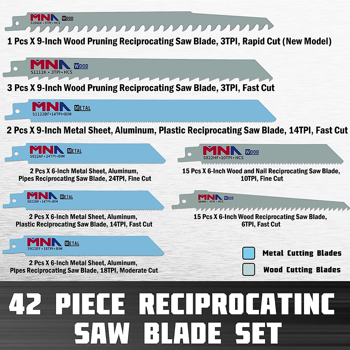 MNA Reciprocating Saw Blade Set 42 Piece, Wood & Metal Cutting, Pruner Sawzall Blade, Household Value Saw Blade Pack with Pouch