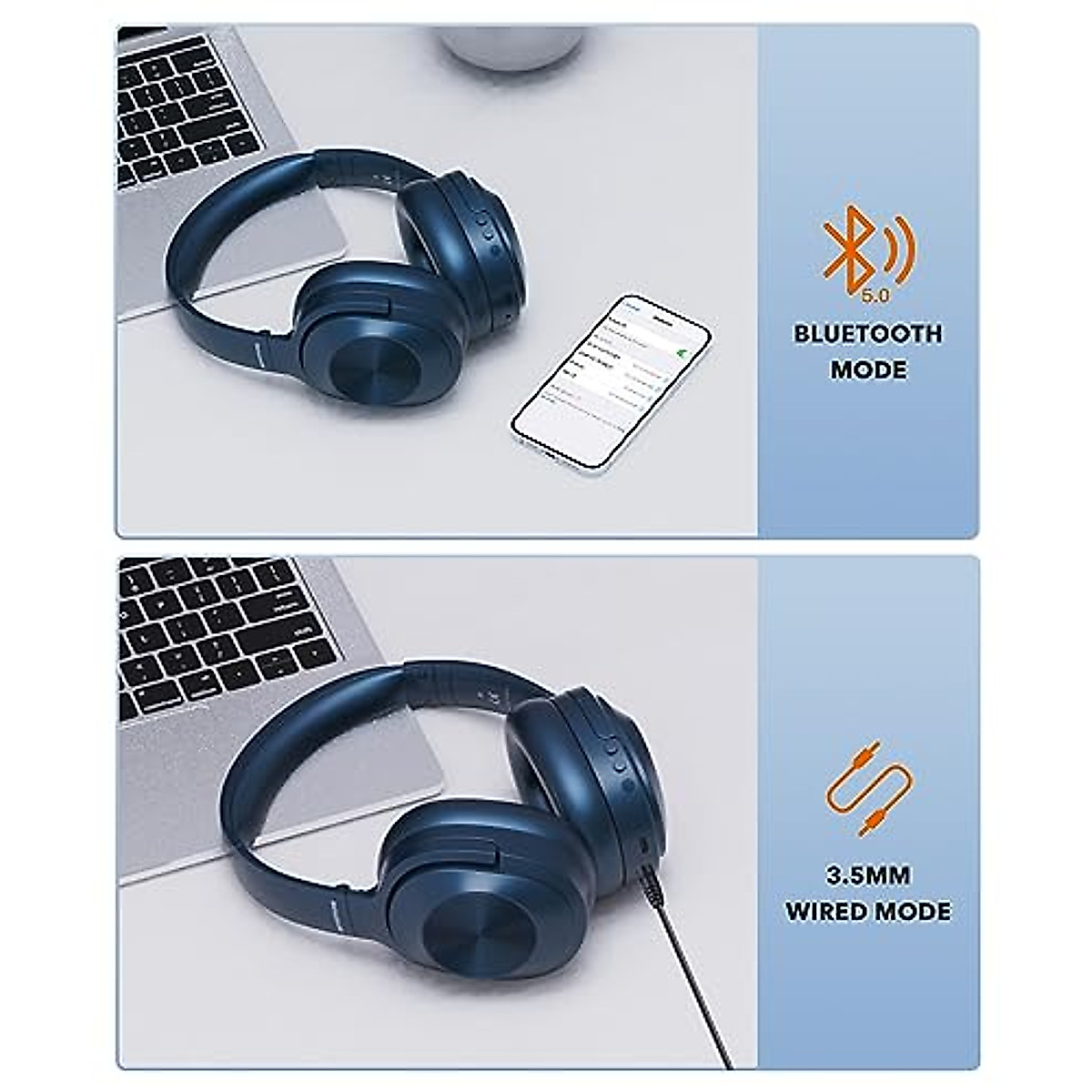 INFURTURE Q1 Active Noise Cancelling Headphones with Microphone，Wireless Over Ear Bluetooth Headphones, Deep Bass, Memory Foam Ear Cups, Quick Charge 40H Playtime, for TV, Travel