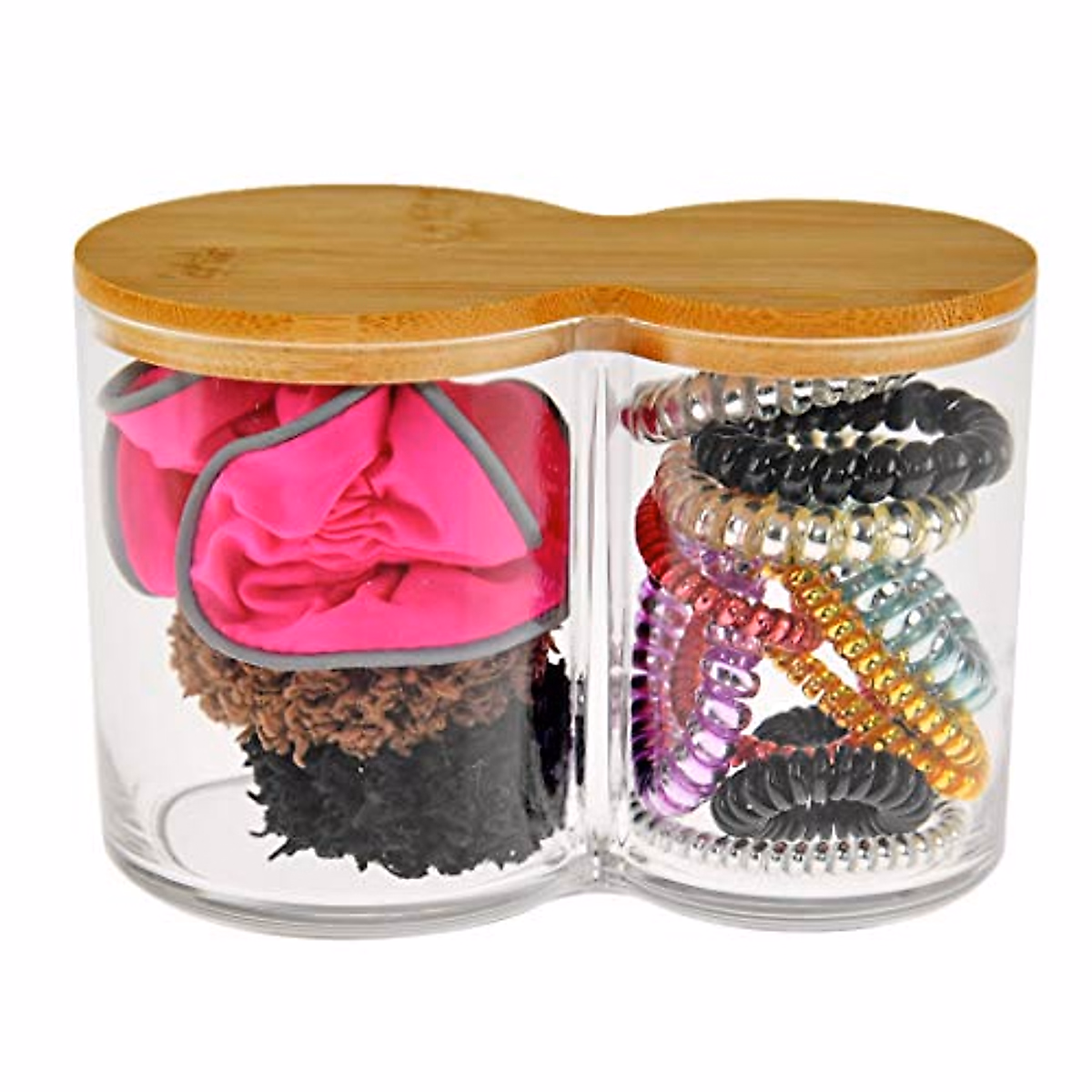 ARAD Cotton Ball, Swab, Q-tip Storage Set, 1-Piece, 2 Compartment, Clear Acrylic Jar Container with Bamboo Lid, Easy Organization on Bathroom Counters, Under-Sink Placement-6" L x 3.5" W x 4.5" H