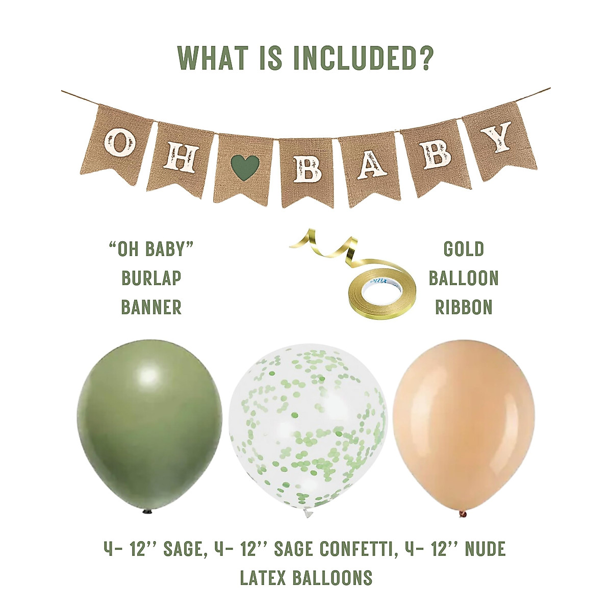 Gender Neutral Baby Shower Decorations & Decor Set: Oh Baby Burlap Banner, Sage Green, Nude & Confetti Balloons - Ideal for Boy, Girl Reveal Party & Welcome Baby Sign Garland Backdrop Decoration