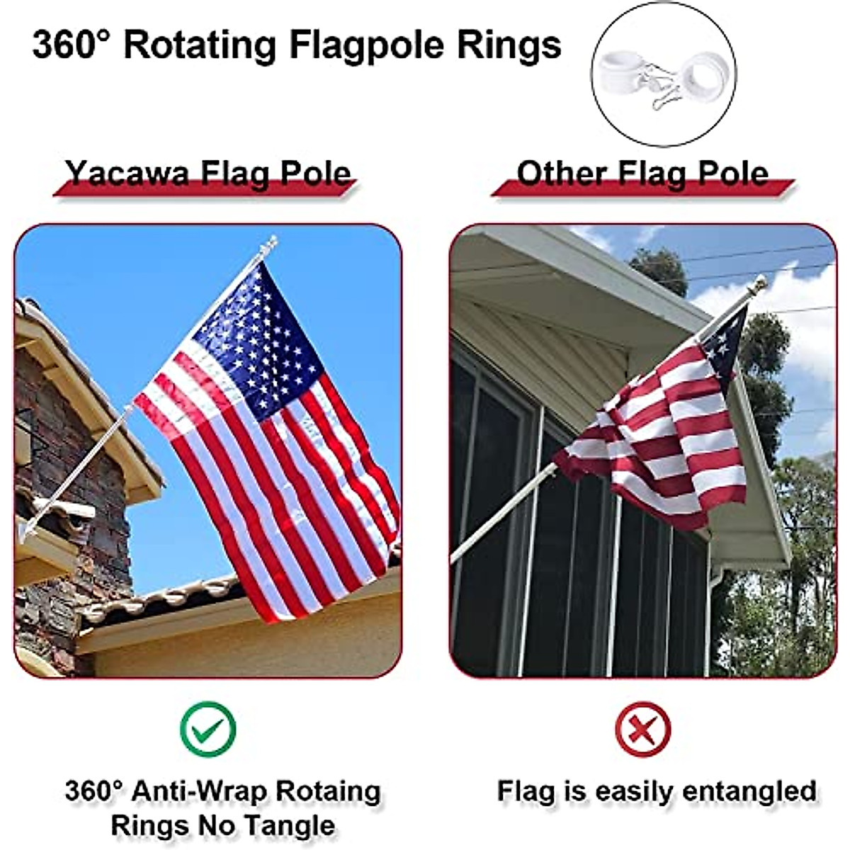 yacawa Flag Pole Kit for House with Holder Upgraded Tangle Free Flagpole Rings 5ft Stainless Steel Flagpole Wall Mounted American White Flagpole for Residential Garden Yard Truck with Bracket