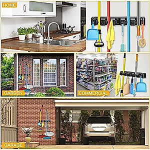 Champs Broom Holder Wall Mount, Mop and Broom Holder Broom Organizer Hanger Storage Rack Wall Holder with 5 Slots and 6 Hooks for Garden Kitchen Garage Laundry Tools [Black]