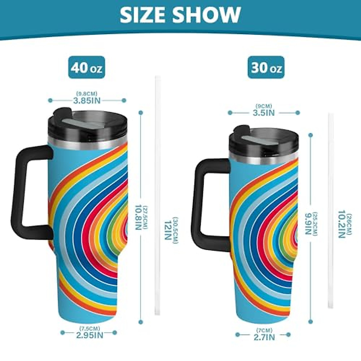 FRCSDIY Colored Circle Insulated Tumbler with Handle and Straw Lid,40oz Leakproof Stainless Steel Cup BPA-Free Water Bottle