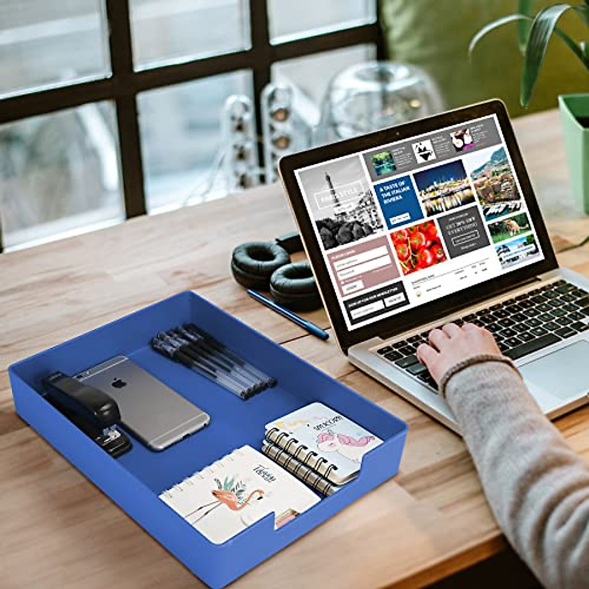 izBuy Letter-Size Tray Desk Letter Tray Paper Tray - Single-Tier (2-Pcs) Stackable Desktop Organizer Front-Load Documents Tray for Office Supplies File, Plastic Letter Tray (White & Blue)