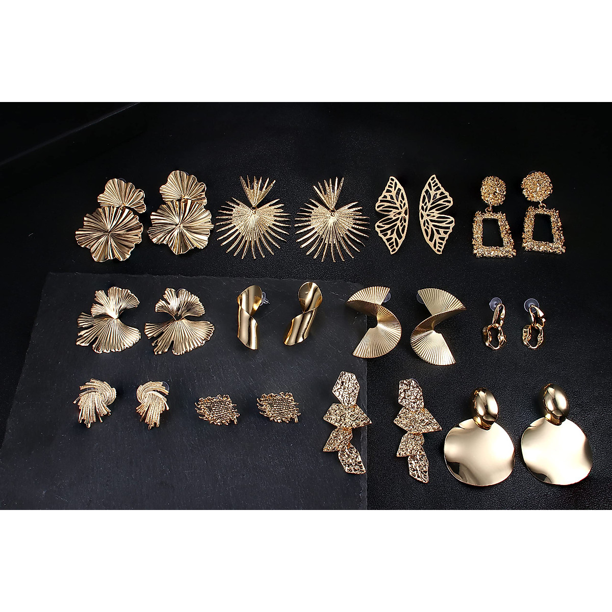 BESTEEL Gold Statement Earrings for Women Boho Large Gold Plated Drop Dangle Geometric Exaggerated Earrings Set Hypoallergenic Punk Stylish Sectored Twisted Flower Ginkgo Leaf Earrings Jewelry Multipack Gift 12 Pairs
