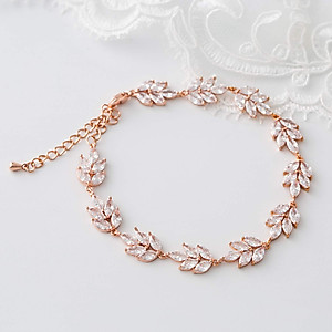 SWEETV Rose Gold Bracelet Wedding Bridal for Brides,Bridesmaid-Crystal Cubic Zirconia Bracelet Leaf Vine Vintage Style