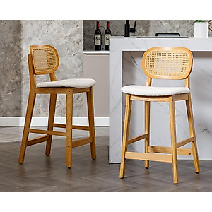 EALSON Counter Height Bar Stools Set of 2 Rattan Back Farmhouse Barstools Mid Century Modern Wood Bar Chairs Comfortable Sherpa Upholstered Kitchen Island Chairs for Pub/Breakfast Bar, Beige