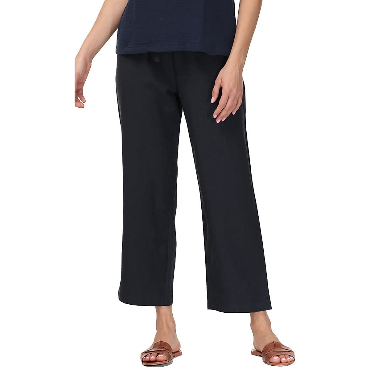 Soojun Women's Linen Blend Drawstring Wide Leg Cropped Pant, Black, Medium