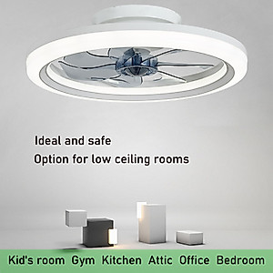 OUREDEEY 20" Modern Ceiling Fan with Light, 6 Speeds & Dimmable, White Flush Mount for Home