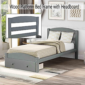 Platform Twin Bed Frame with Storage Drawers, Wood Platform Bed Frame with Headboard for Kids/Teens/Adults, Camas Mattress Foundation/Wood Slats Support/No Box Spring Needed/Easy Assemble (Gray)