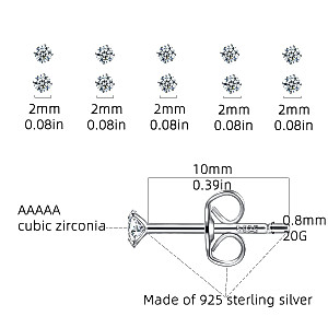 925 Sterling Silver Tiny 2mm Stud Earrings for Women: 5 Pairs Cartilage Helix Hypoallergenic Stud Earrings Clear Round CZ Stud Earrings Set for Women Multiple Piercing