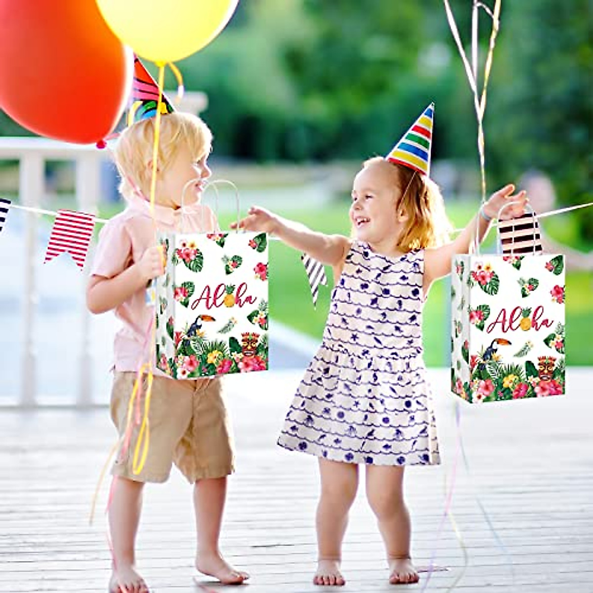 16 Pack Hawaiian Gift Bag Luau Party Bags Summer Tropical Paper Bag with Handle Luau Treat Bag Palm Leaf Candy Bag for Summer Tropical Aloha Festival Hawaiian Luau Holiday Party Supplies Favor (White)