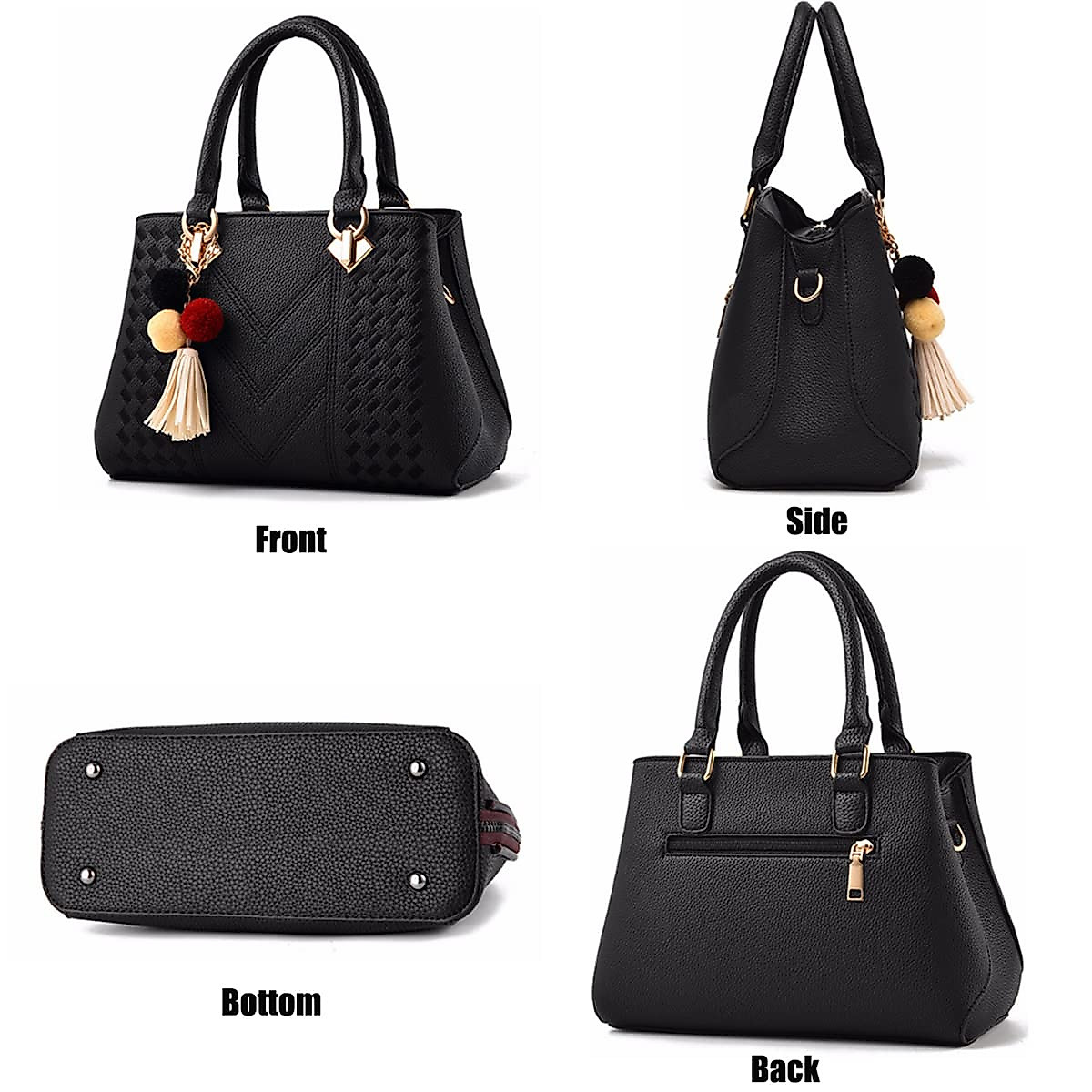 YOUNXSL Womens Leather Handbags Purses Top-handle Totes Satchel Shoulder Bag for Ladies with Pompon and Tassel Black