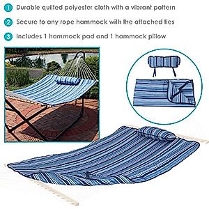Sunnydaze Polyester Quilted Hammock Pad and Pillow Set Only - Durable Outdoor Rope Hammock Accessories - Replacement Hammock Pad - Breakwater Stripe