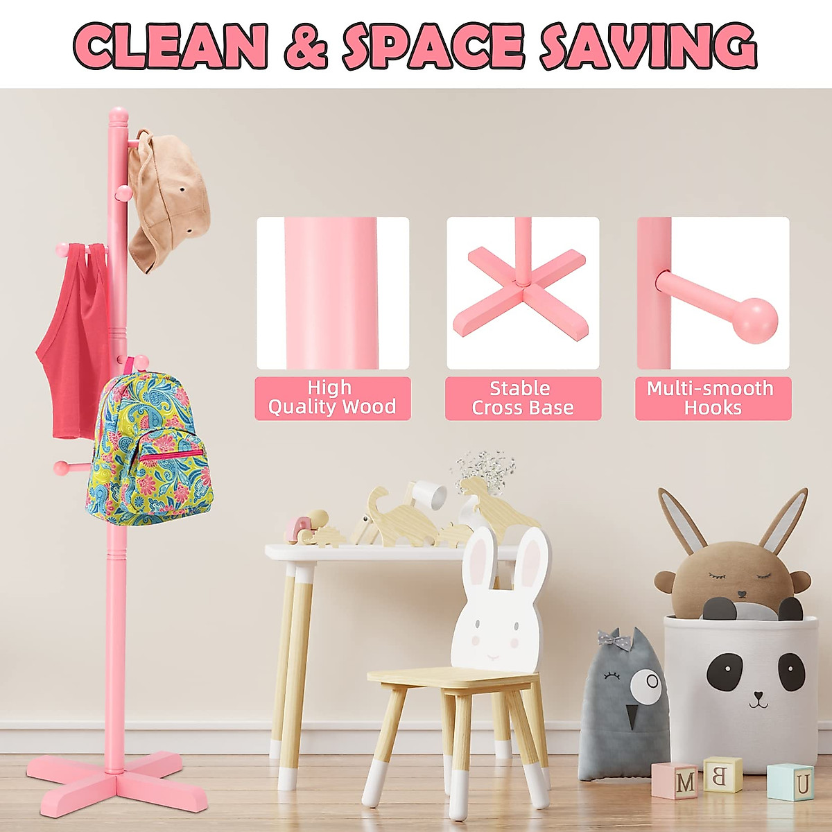 Azaeahom Cross Coat Rack Freestanding Clothing Hanger Home Racks, Wooden Coat Tree Stand with 8 Hooks 2 Adjustable Height, Easy Assembly in Entryway, Room for Hat, Umbrella etc (Pink)