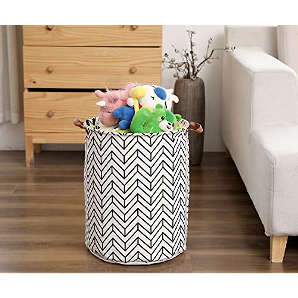 [2 Pack] Collapsible Laundry Basket, Large Round Waterproof Laundry Hamper, Foldable Storage Organizer with Leather Handles for Dirty Clothes (white)