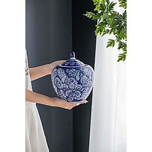 A&B Home 10'' Decorative Antique Porcelain Jar with Lid Flower Pot Planter Blue and White Vase Floral Print Centerpiece Home Decor Indoor Outdoor