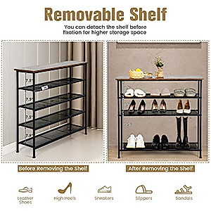Giantex 5-Tier Shoe Rack, Industrial Adjustable Metal Shoe Storage Organizer w/ 4 Metal Mesh Shelves for 16-20 Pairs, Adjustable Feet, Heavy Duty Steel Frame, for Entryway, Hallway, Dorm, Rustic Brown