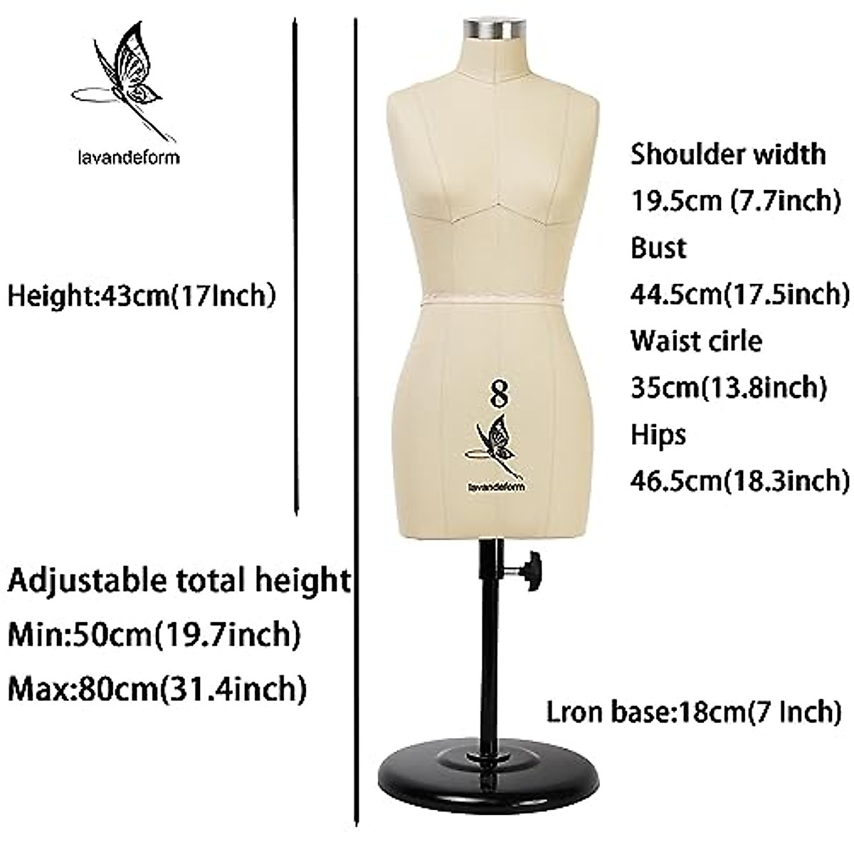 lavandeform Half Scale Dress Form Pro Size 8 detailed mini version of mannequin（Not Adult Full Size Fully Pinable Dressmaker Dummy.1/2 Female Mannequin for Pattern Making (Beige, 8)