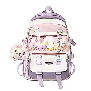 HomeSweety Aesthetic lovely cute Back to school pastel backpack with free kawaii cartoon pendant accessories pins for teen girls