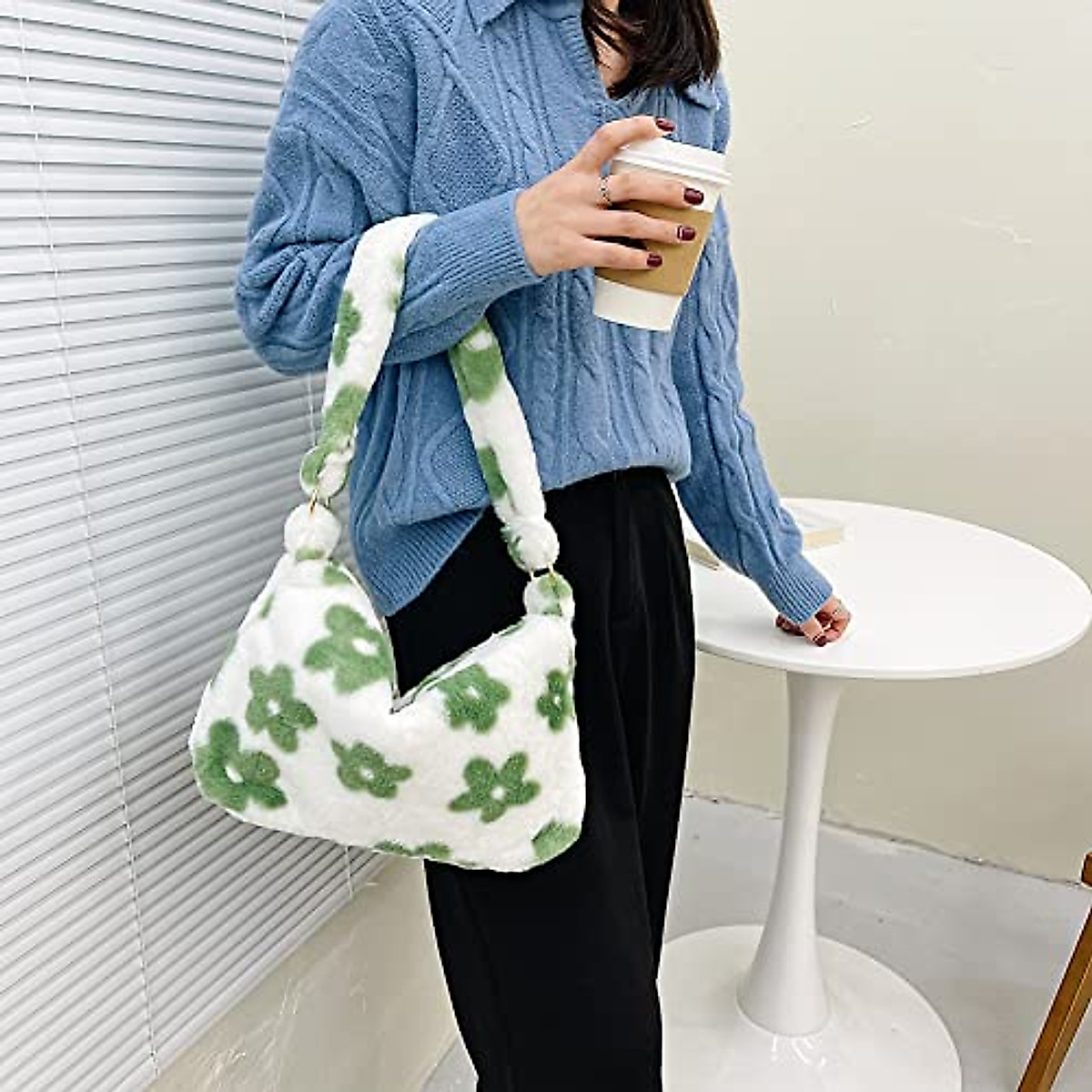 Fluffy Tote Bag Y2K Green Flower Plush Underarm Bag for Women Furry Shoulder Bag Faux Fur Tote Purse for Autumn Winter