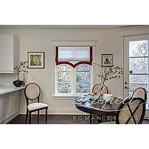 LOGANOVA Flat Roman Shade Chevalle Brick. White base, luxuriant red border on three sides, scalloped bottom and chain mechanism. Custom made.