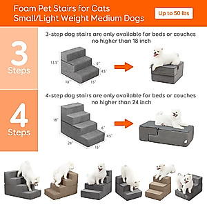 Dog Stairs & Steps for Small Dogs Cats, Pawque Pet Steps for High Bed Couch, Shock Absorbing Foam with High-Strength Boards for Pet Safe, Non-Slip Removable Washable Cover, 3-Step (13.5'' High)