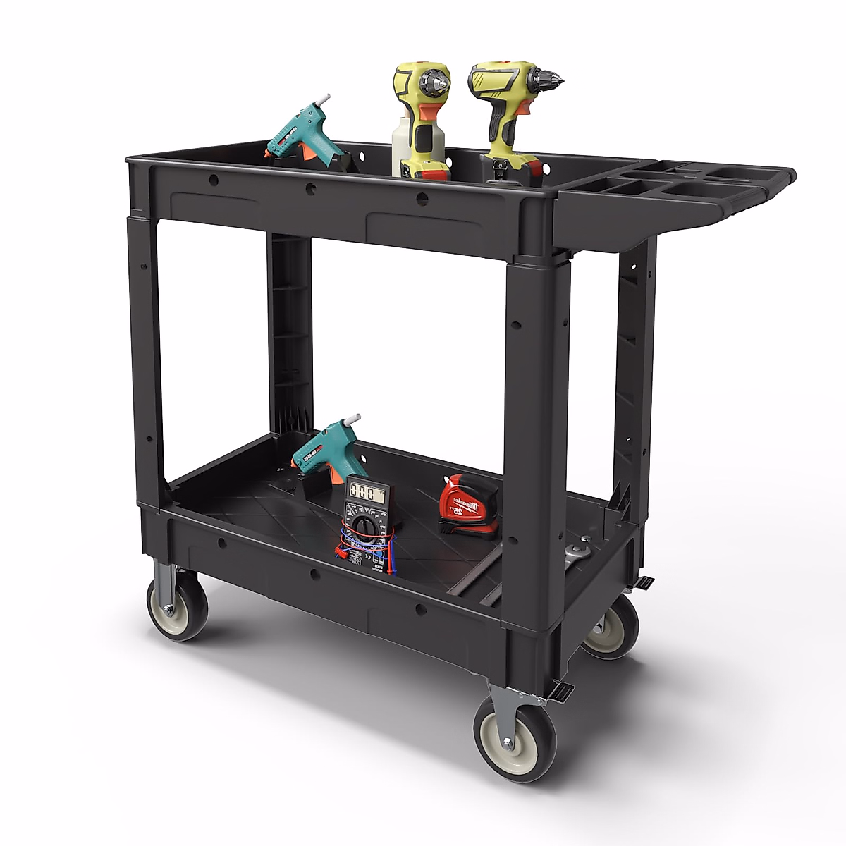 Plastic Tool Cart on Wheels, 2-Shelf Utility Service Cart (40" x 17"), 550lbs Heavy Duty Rolling Work Cart with 360° Swivel Wheels and Ergonomic Handle for Garage Warehouse Workshop, Black