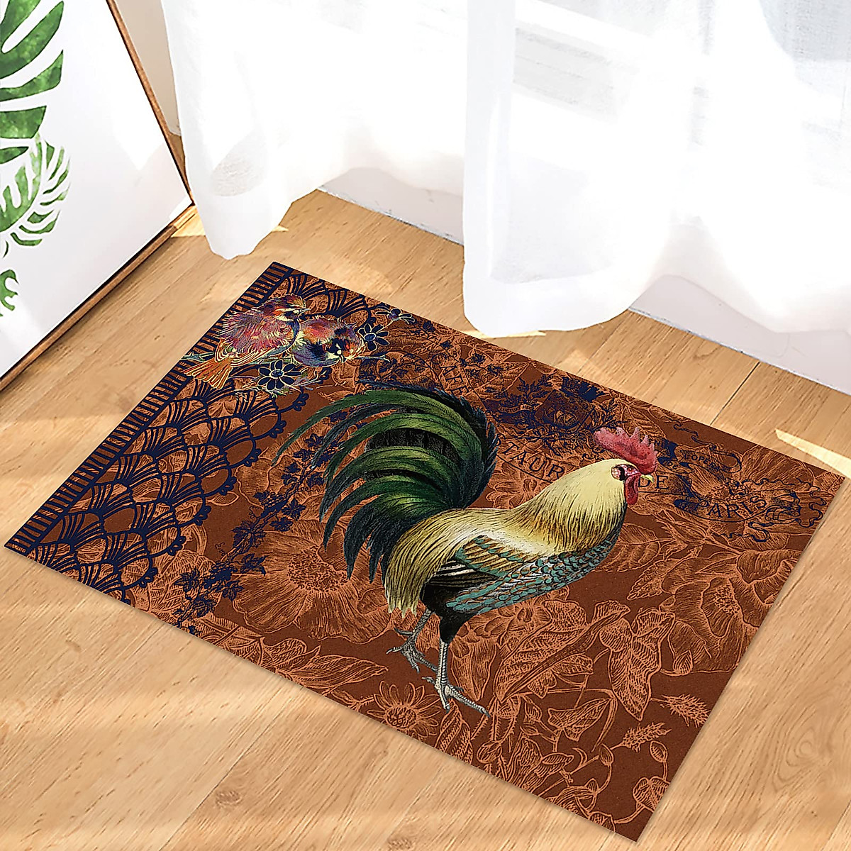 Farmhouse Animal Rooster Retro Brown BackgroundBathroom Shower Mat Doormat Non Slip,Floor Rug Absorbent Carpets Floor Mat Home Decor for Kitchen Bedroom Rug, 16"X 24"