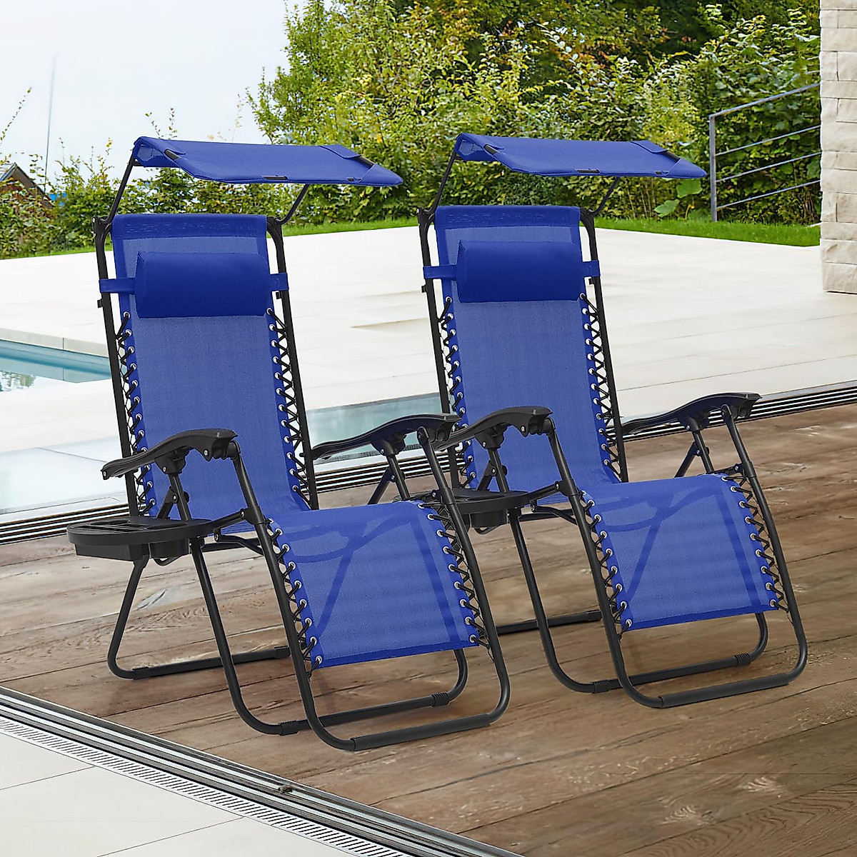 Magshion Set of 2 Outdoor Zero Gravity Chair Reclining Lounger with Sun Shade and Mesh Back, Cup Holder & Side Table, Support 300lbs, Blue