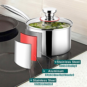 TeamFar 3qt Saucepan with Lid, Stainless Steel Tri-ply Pasta Sauce Milk Pan Small Cooking Pot with Ergonomic Handle, for Induction/Gas/Electric/Ceramic, Healthy & Heavy Duty, Dishwasher Safe