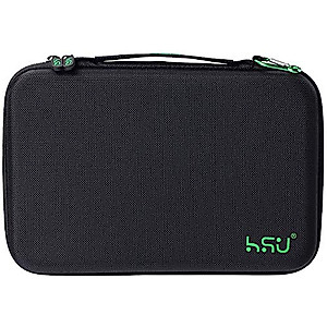 HSU Large Carrying Case for GoPro Hero(2018), Hero 11, 10, 9, 8, 7 Black,HERO6,5,4, LCD, Black, 3+, 3, 2 and Accessories with Carry Handle and Carabiner Loop - Portable and Shock(Green Logo)