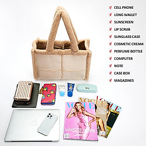 Like Dreams Large Sherpa Tote Bag, Inner Pocket Vegan Leather, Large Tote Hand bags for Women, Fashion Winter Purse (Ivory)