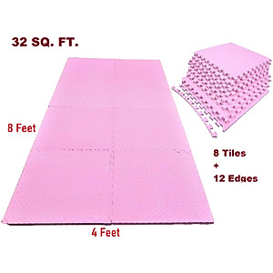 Gymnastics Bar for Kids Horizontal Kip Bar Jungle Gym with 8'x'4 EVA Puzzle Mat, Junior Training Monkey Bars Home Gym Adjustable Height Expandable Junior Training Bar Indoor Foldable (Pink)