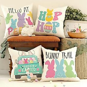 GEEORY Easter Pillow Covers 18x18 Set of 4 Easter Decorations for Home Bunny Truck Hello Peeps Hip Hop Pillows Easter Decorative Throw Pillows Spring Easter Farmhouse Decor