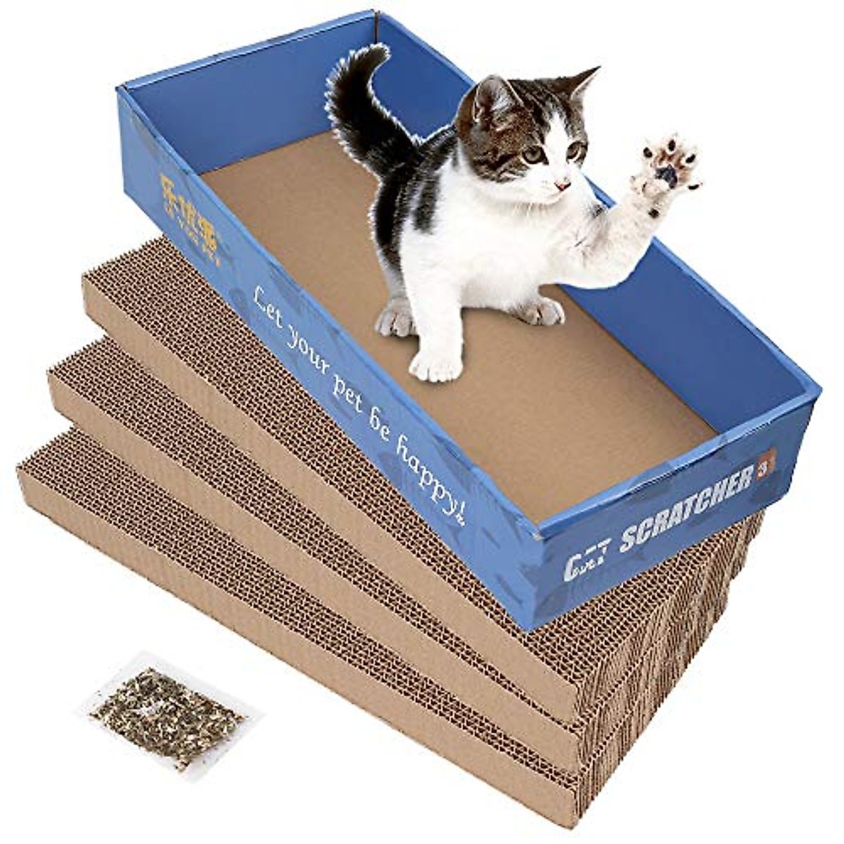 PrimePets Cat Scratcher Cardboard for Indoor Cats, 3 in 1, Cat Scratch Pad with Box, Cat Scratching Board, Reversible Corrugated, Furniture Protector, Catnip Included