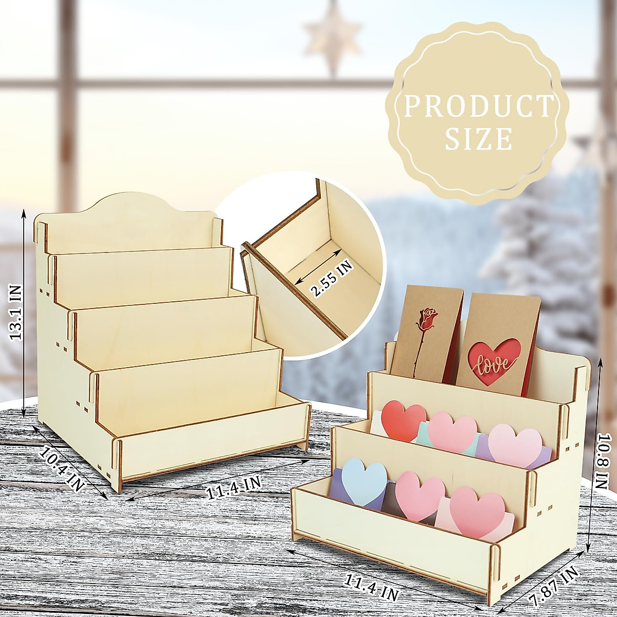 2 Pcs 3/4 Tier Greeting Card Display Stand Wooden Stickers Display Risers Portable Blank Retail Display Shelves for Greeting Cards Photos Postcard Jewelry Comic Book Craft Counter Vendor Events
