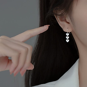 Reffeer Solid 925 Sterling Silver Love Heart Drop Earrings for Women Teen Girls Sweet Heart Dangle Earrings Hook Earrings (A-Silver)