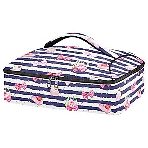 Kcldeci Insulated Thermal Food Carrier Insulated Casserole Carrier for Hot or Cold Food,Navy Striped Red Bows Insulated Tote Bag for Potluck Cookouts Parties Picnic,Lasagna Lugger