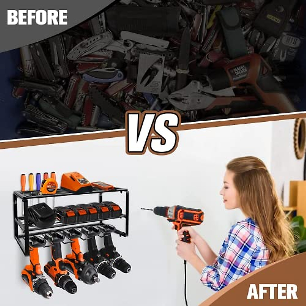 Bothixi Power Tool Organizer, Black Garage Tool Organizer Wall Mount, Drill Holder Tool Storage Rack for 5 cordless Drill Holders,Utility Rack with Hooks, Men Father's Day Gifts