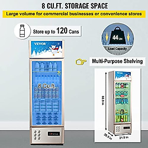 VEVOR Commercial Refrigerator,Display Fridge Upright Beverage Cooler, Glass Door with LED Light for Home, Store, Gym or Office, (8 cu.ft. Single Swing Door)