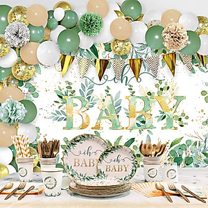 Sage Green Baby Shower Decoration for Girl Boy Kit,239 PCS YHFNDIYS Boho Greency Neutral Party Supplies (20 Guest) with Paper Plates Cups Napkins Straws Oh Baby Tablecloth Backdrop Balloons Arch Kit
